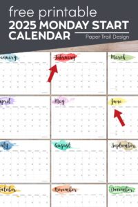 2025 Monday Start Calendar Printable - Watercolor - Paper Trail Design