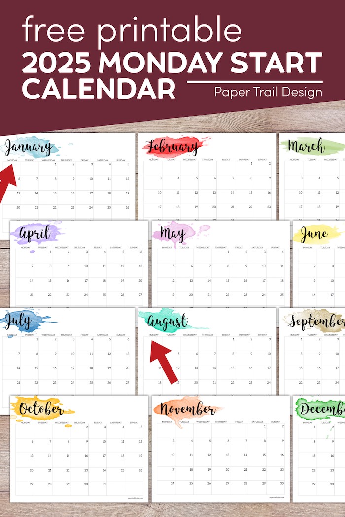 2025 Monday Start Calendar Printable - Watercolor - Paper Trail Design