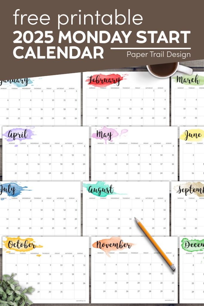 2025 Monday Start Calendar Printable - Watercolor - Paper Trail Design