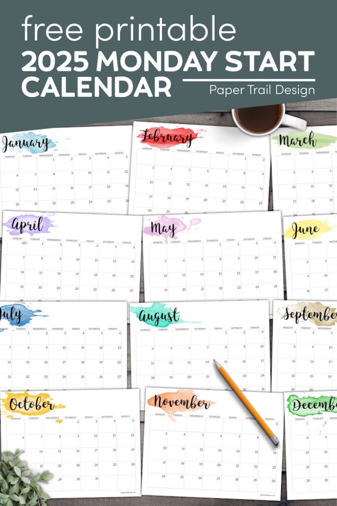 2025 Monday Start Calendar Printable - Watercolor - Paper Trail Design