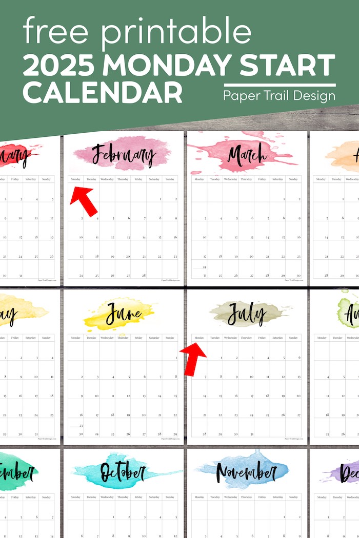 2025 Monday Start Watercolor Calendar - Paper Trail Design