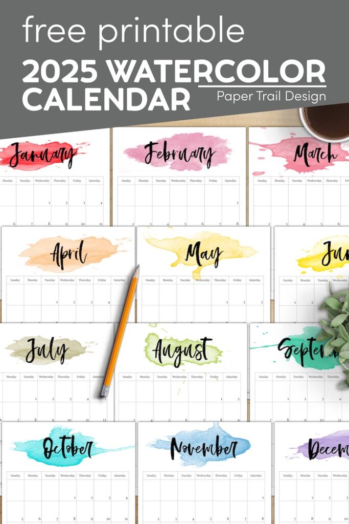 2025 Printable Calendar - Watercolor - Paper Trail Design
