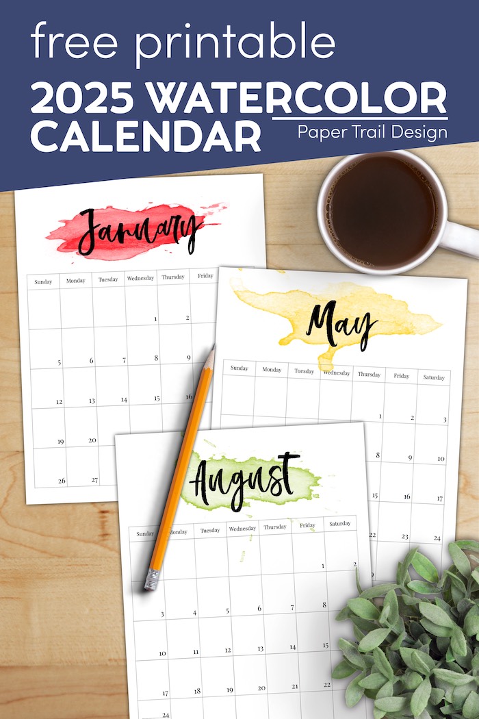 2025 Printable Calendar - Watercolor - Paper Trail Design