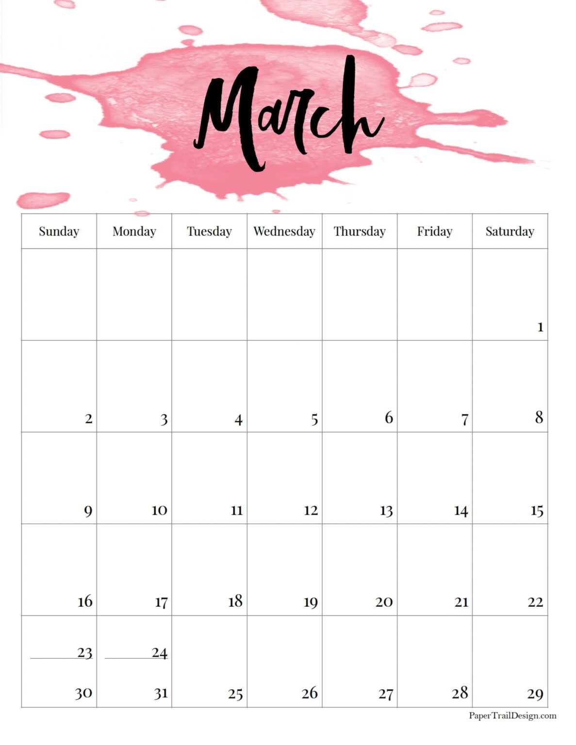 2025 Printable Calendar - Watercolor - Paper Trail Design
