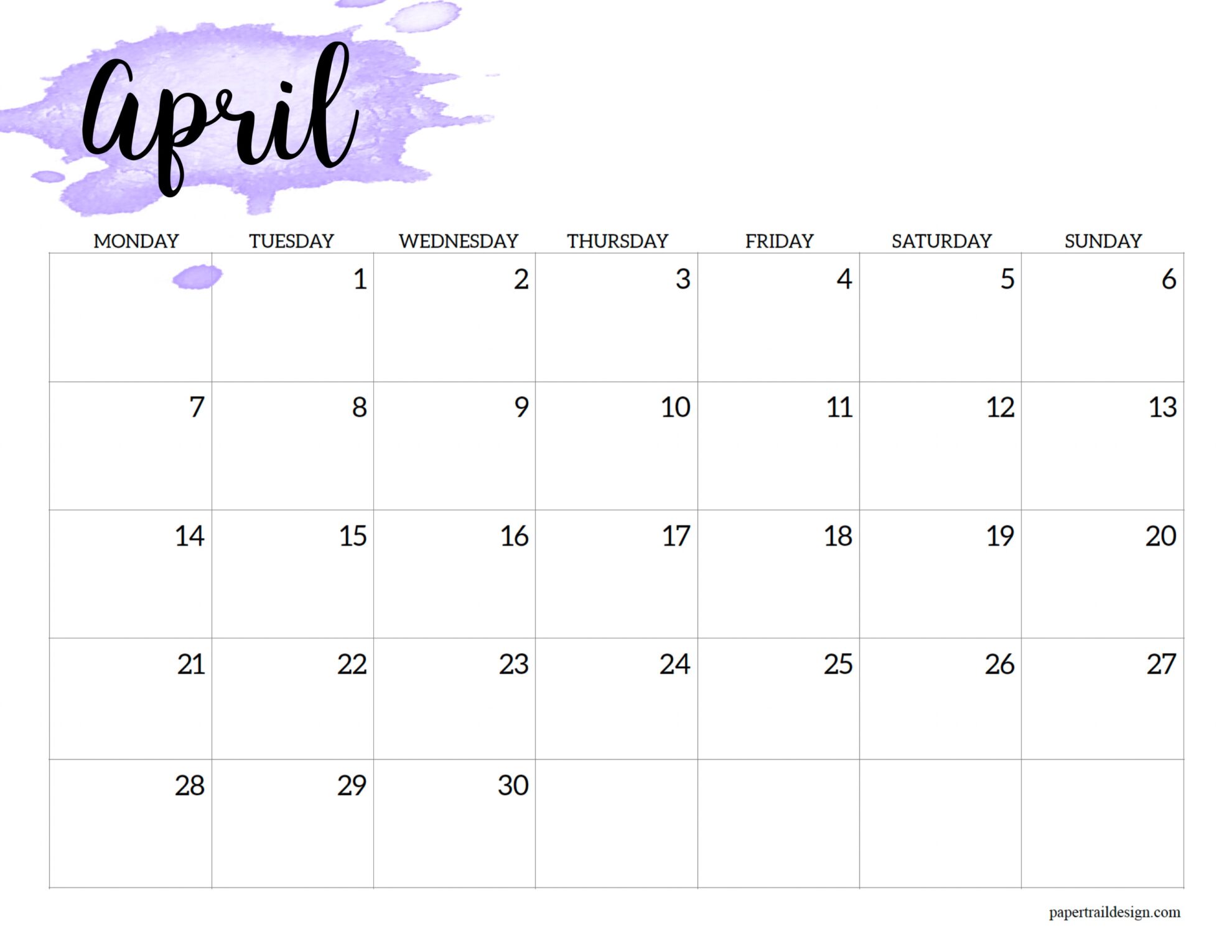 2025 Monday Start Calendar Printable - Watercolor - Paper Trail Design