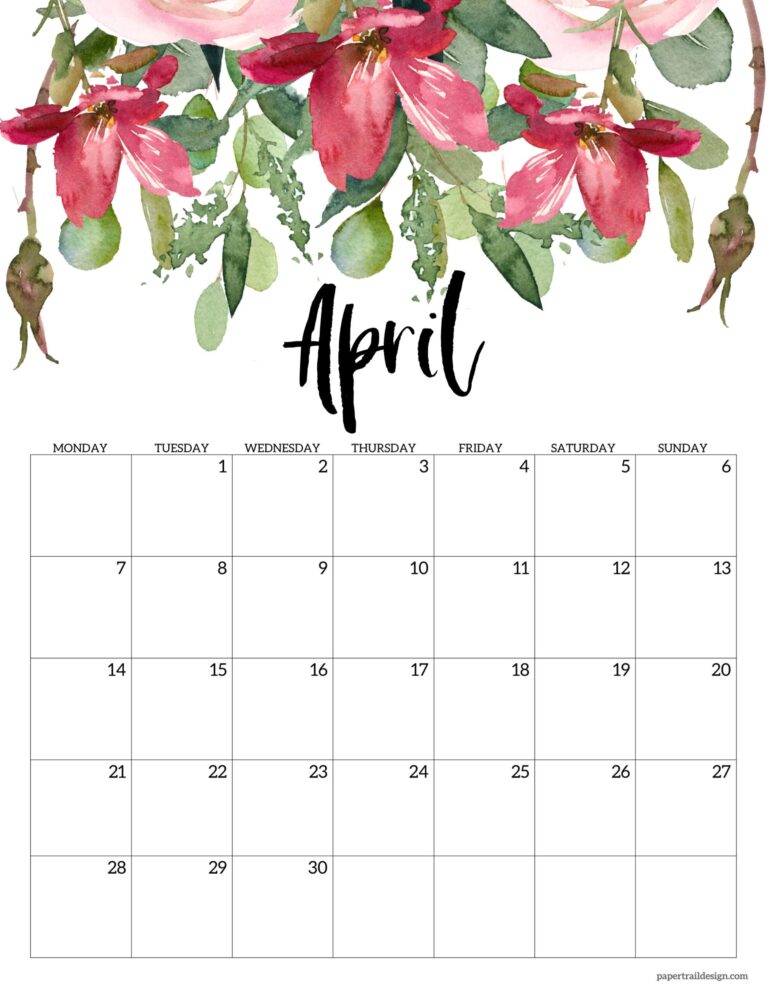 Free Printable 2025 Floral Calendar Monday Start Paper Trail Design