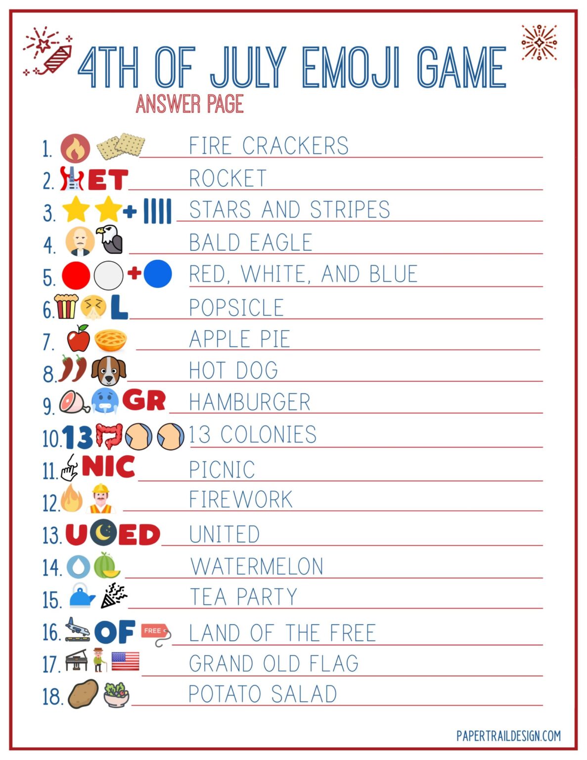 Free Printable 4th of July Game - Emoji - Paper Trail Design