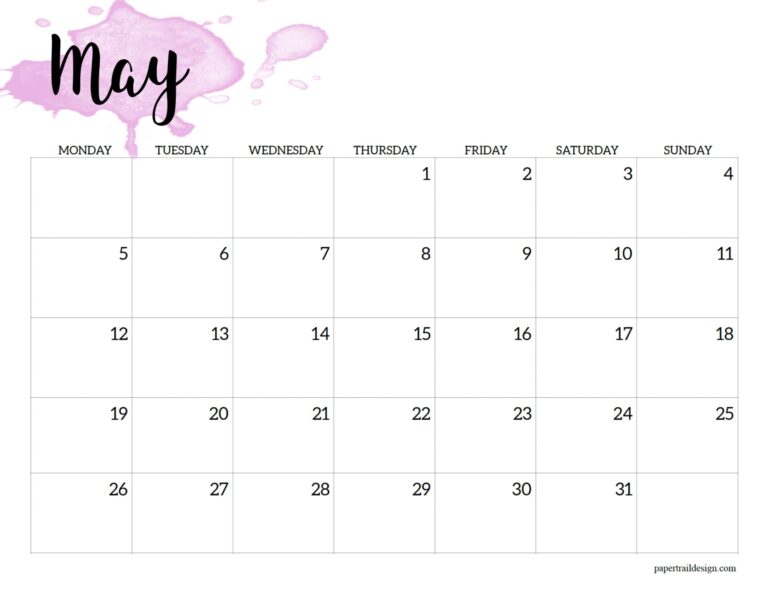 2025 Monday Start Calendar Printable - Watercolor - Paper Trail Design