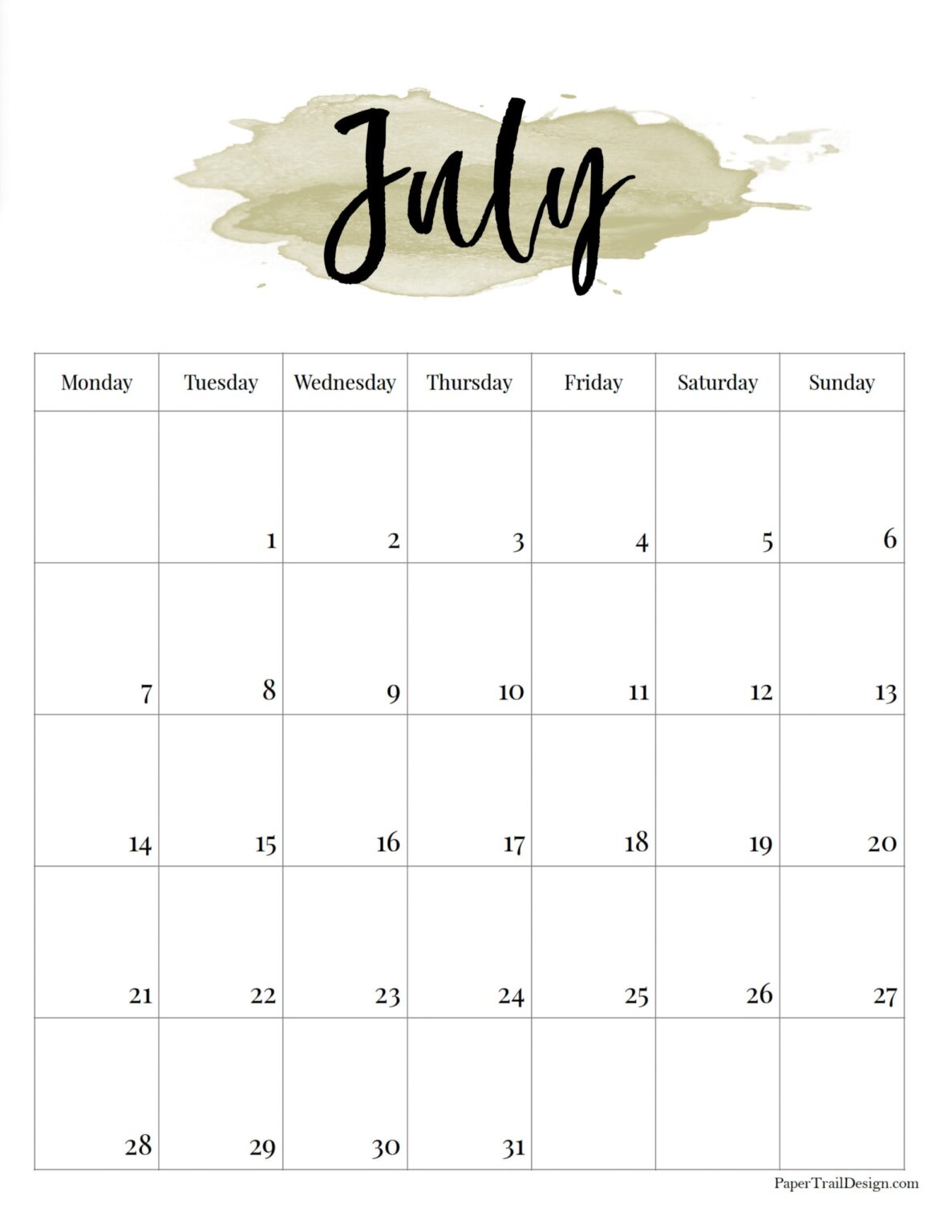 2025 Monday Start Watercolor Calendar - Paper Trail Design