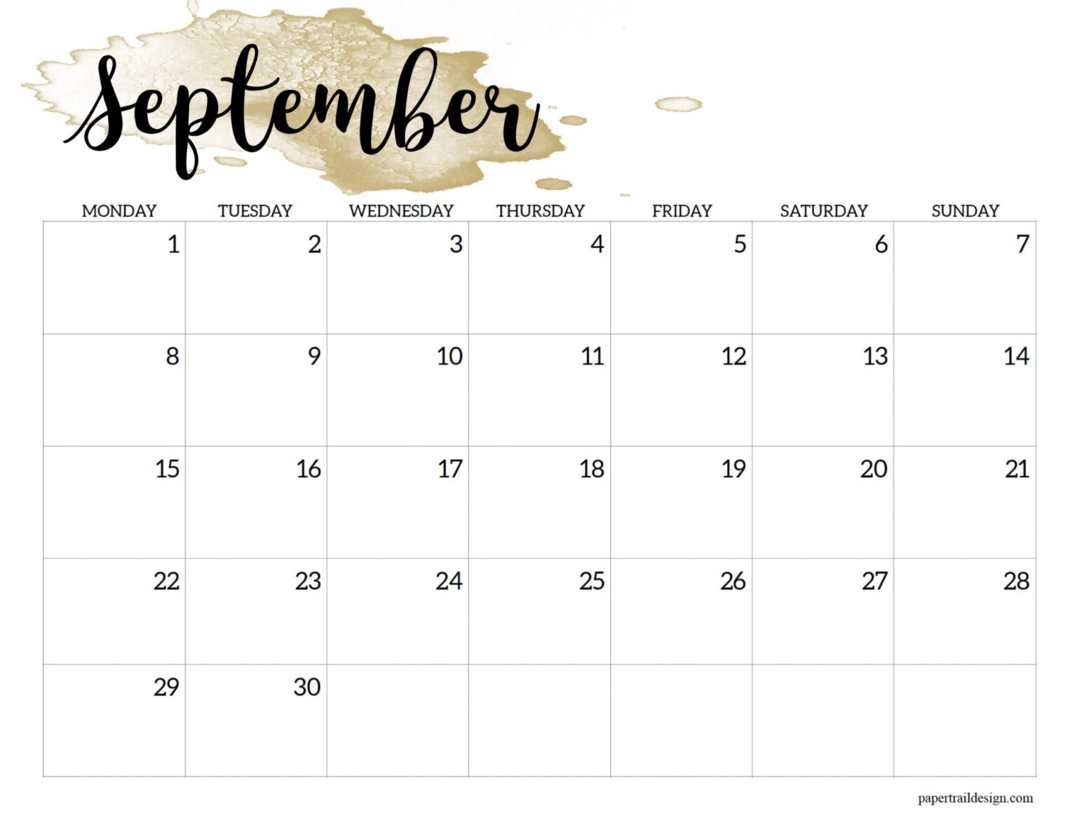 2025 Monday Start Calendar Printable - Watercolor - Paper Trail Design