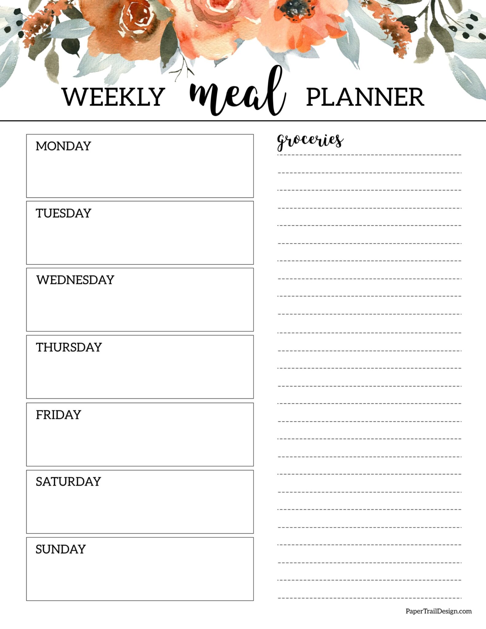 Floral Weekly Meal Planner Template - Paper Trail Design