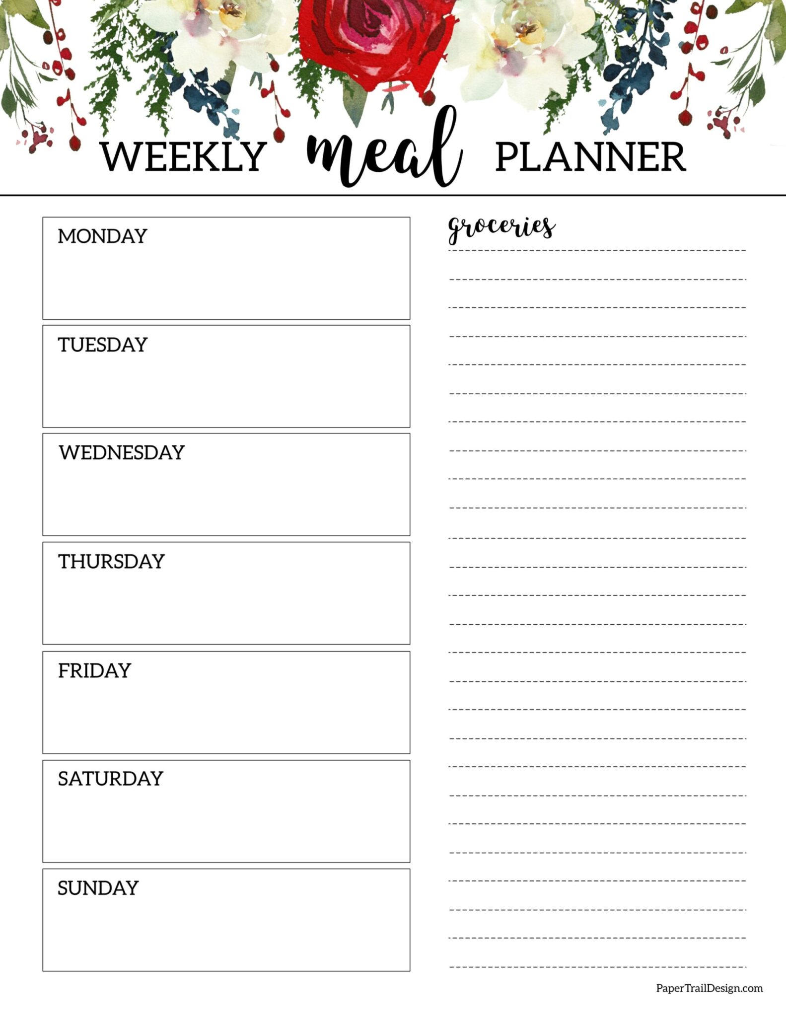 Floral Weekly Meal Planner Template - Paper Trail Design