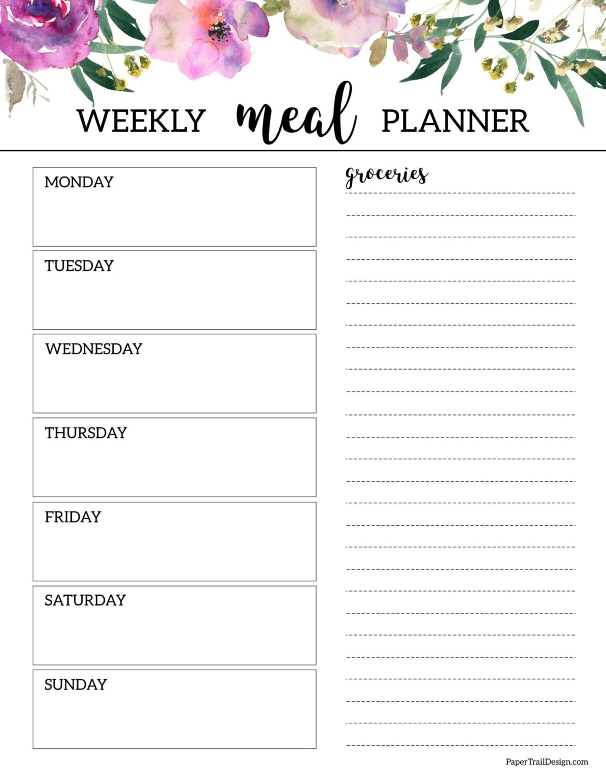 Floral Weekly Meal Planner Template - Paper Trail Design
