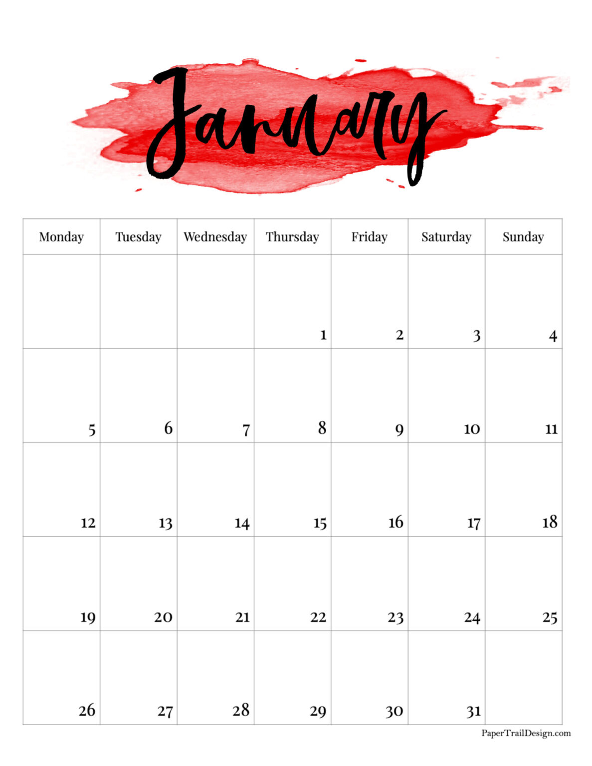 2026 Monday Start Watercolor Calendar - Paper Trail Design