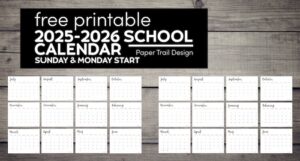 2025-2026 Printable School Calendar - Paper Trail Design