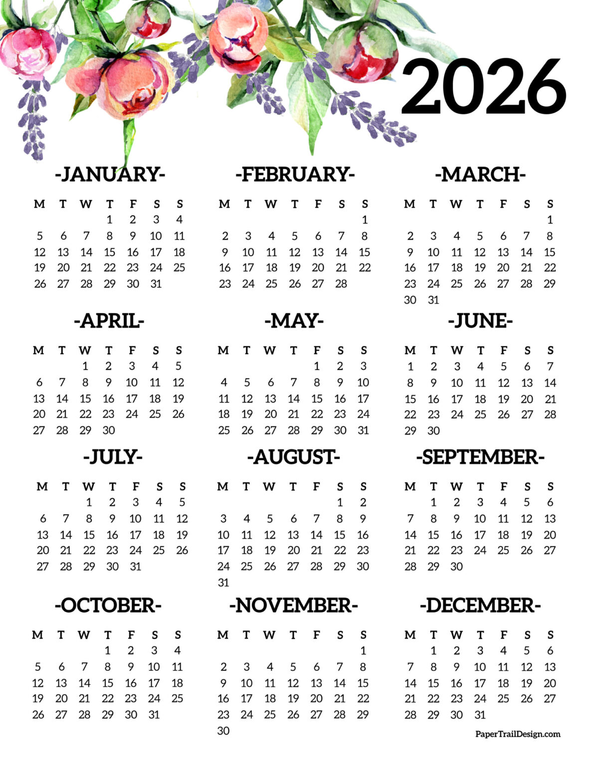 2026 Monday Start Calendar One Page - Paper Trail Design