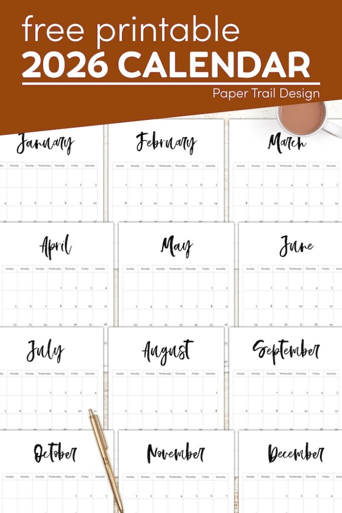 2026 Free Printable Monthly Calendar - Paper Trail Design