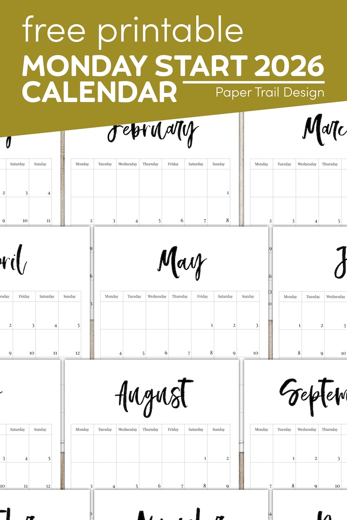 Vertical 2026 Monday Start Calendar - Paper Trail Design