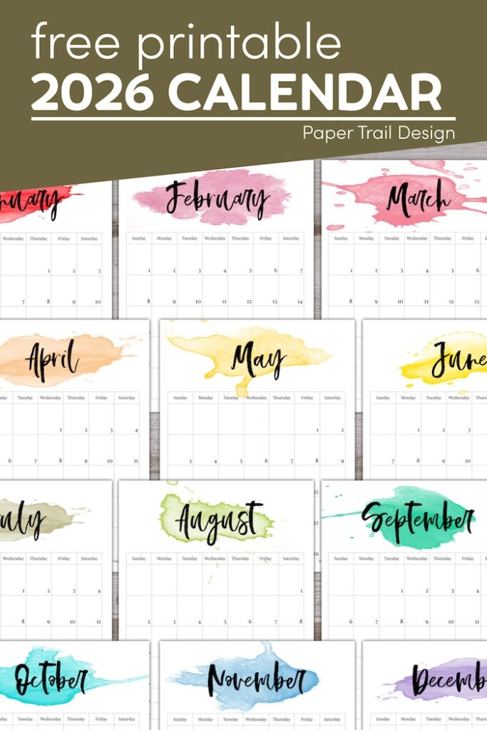 2026 Printable Calendar -Watercolor - Paper Trail Design