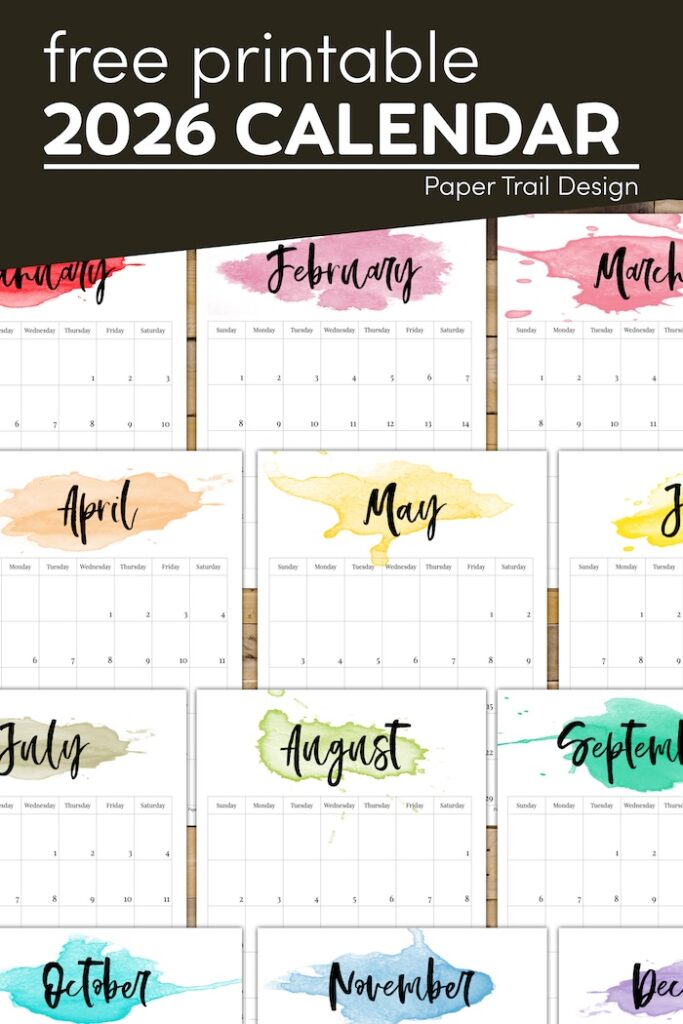2026 Printable Calendar -Watercolor - Paper Trail Design