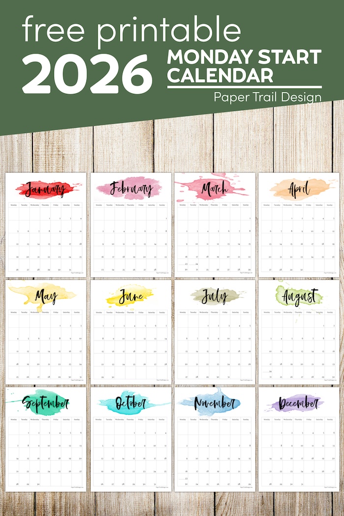 2026 Monday Start Watercolor Calendar - Paper Trail Design