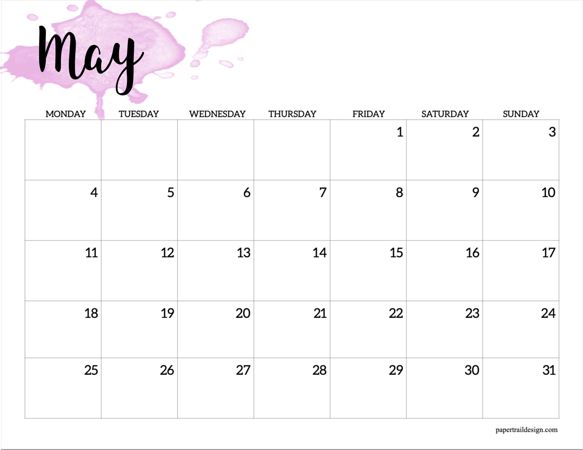 2026 Monday Start Calendar - Printable Watercolor - Paper Trail Design