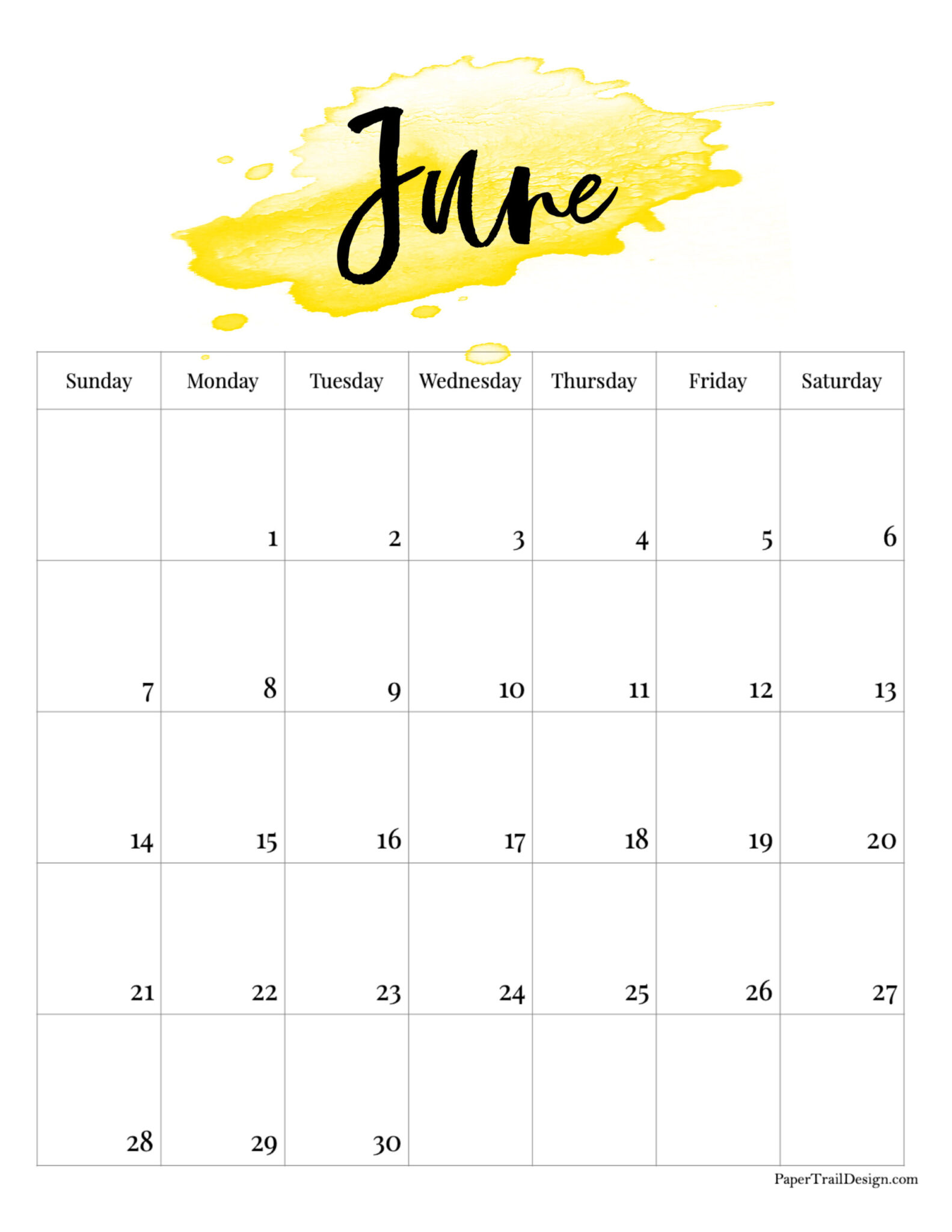2026 Printable Calendar -Watercolor - Paper Trail Design