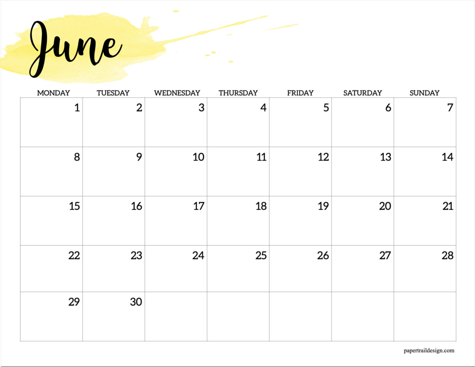 2026 Monday Start Calendar - Printable Watercolor - Paper Trail Design