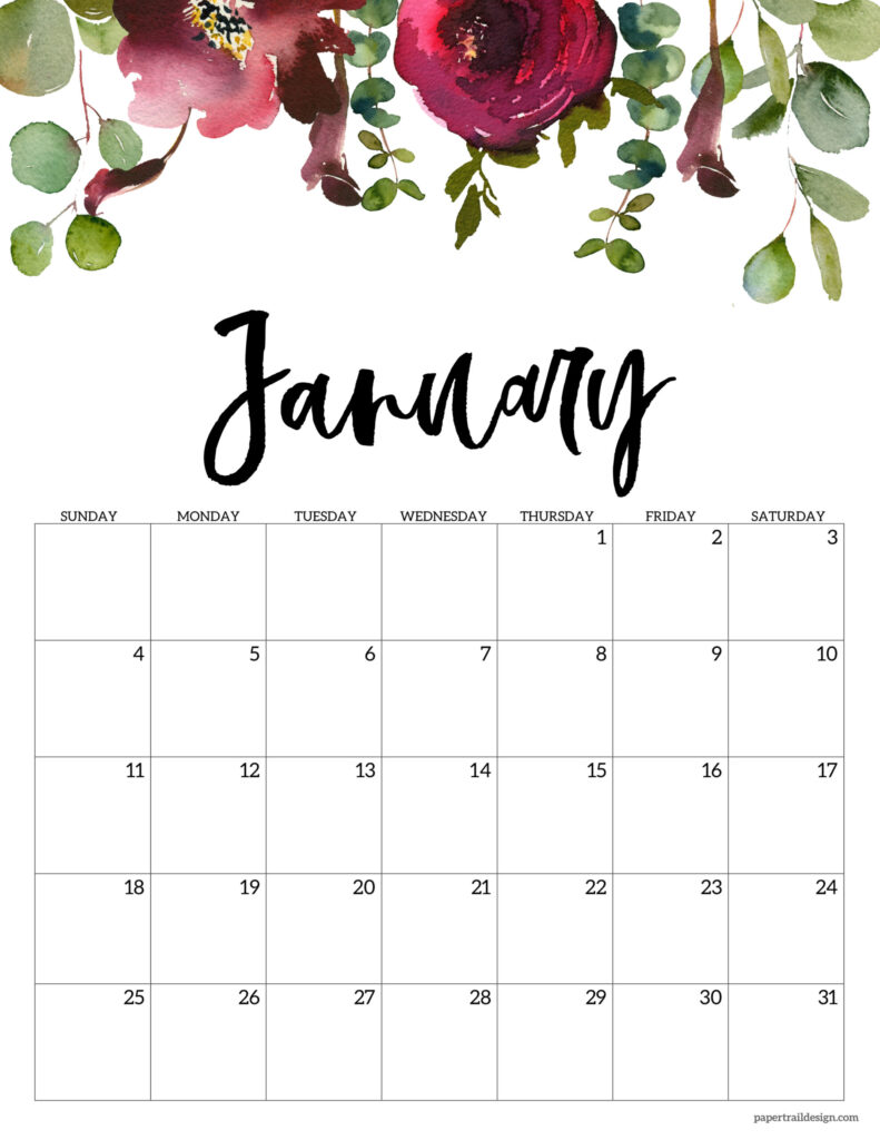 Free Printable Floral Calendar 2026 - Paper Trail Design