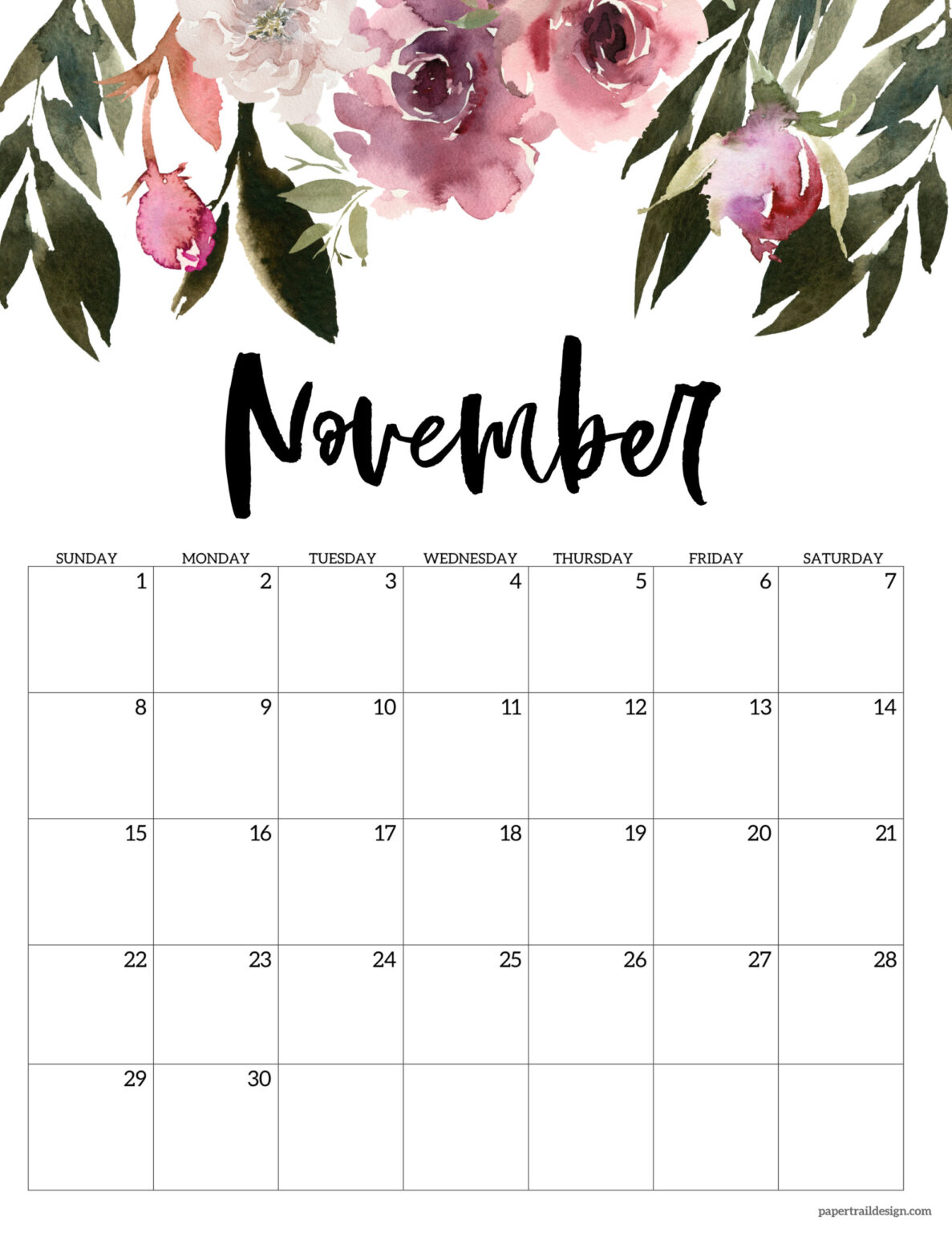 Free Printable Floral Calendar 2026 - Paper Trail Design