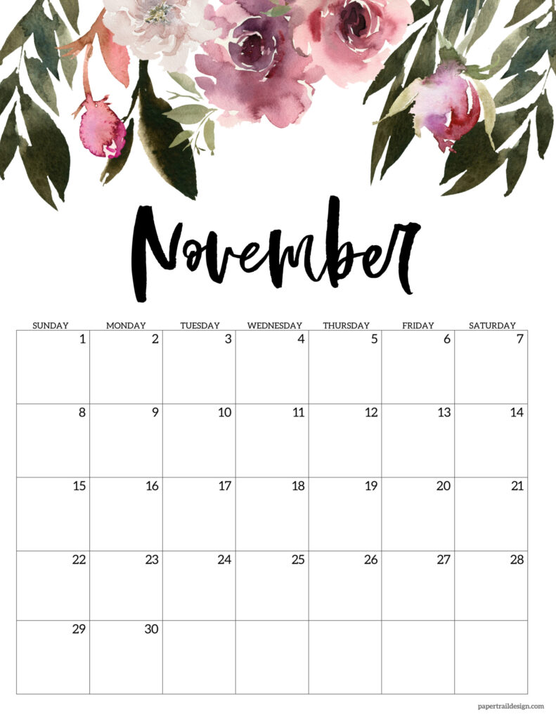 Free Printable Floral Calendar 2026 - Paper Trail Design