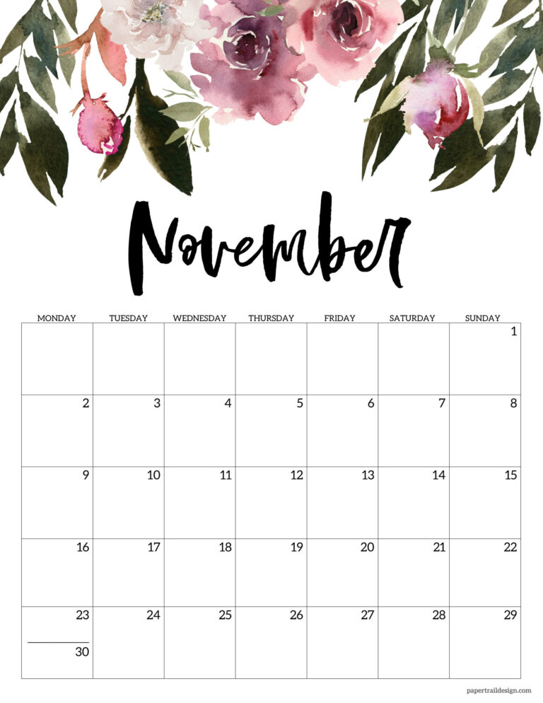 Free Printable 2026 Floral Calendar - Monday Start - Paper Trail Design