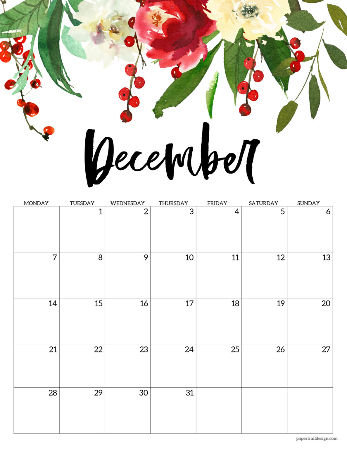 Free Printable 2026 Floral Calendar - Monday Start - Paper Trail Design