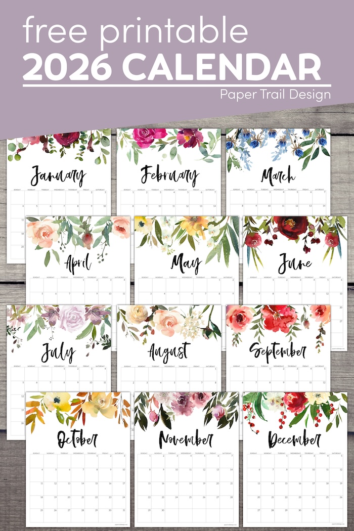 Free Printable Floral Calendar 2026 - Paper Trail Design