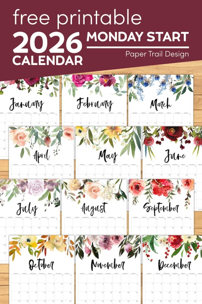 Free Printable 2026 Floral Calendar - Monday Start - Paper Trail Design