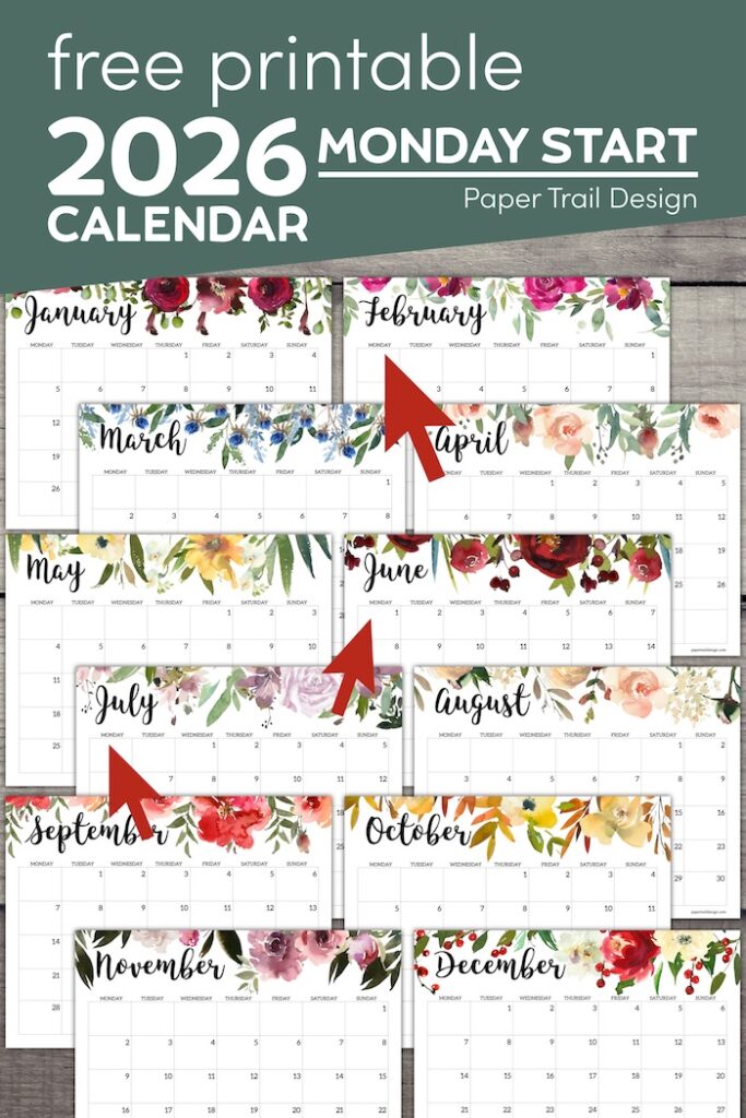 2026 Monday Start Floral Calendar - Paper Trail Design