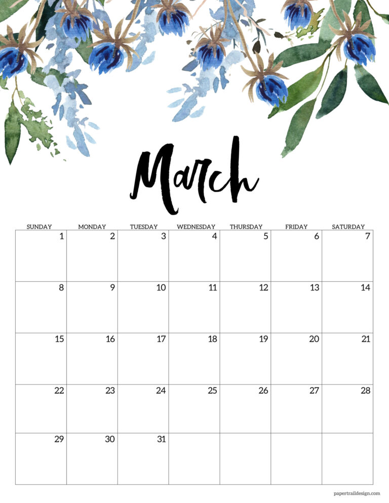 Free Printable Floral Calendar 2026 - Paper Trail Design