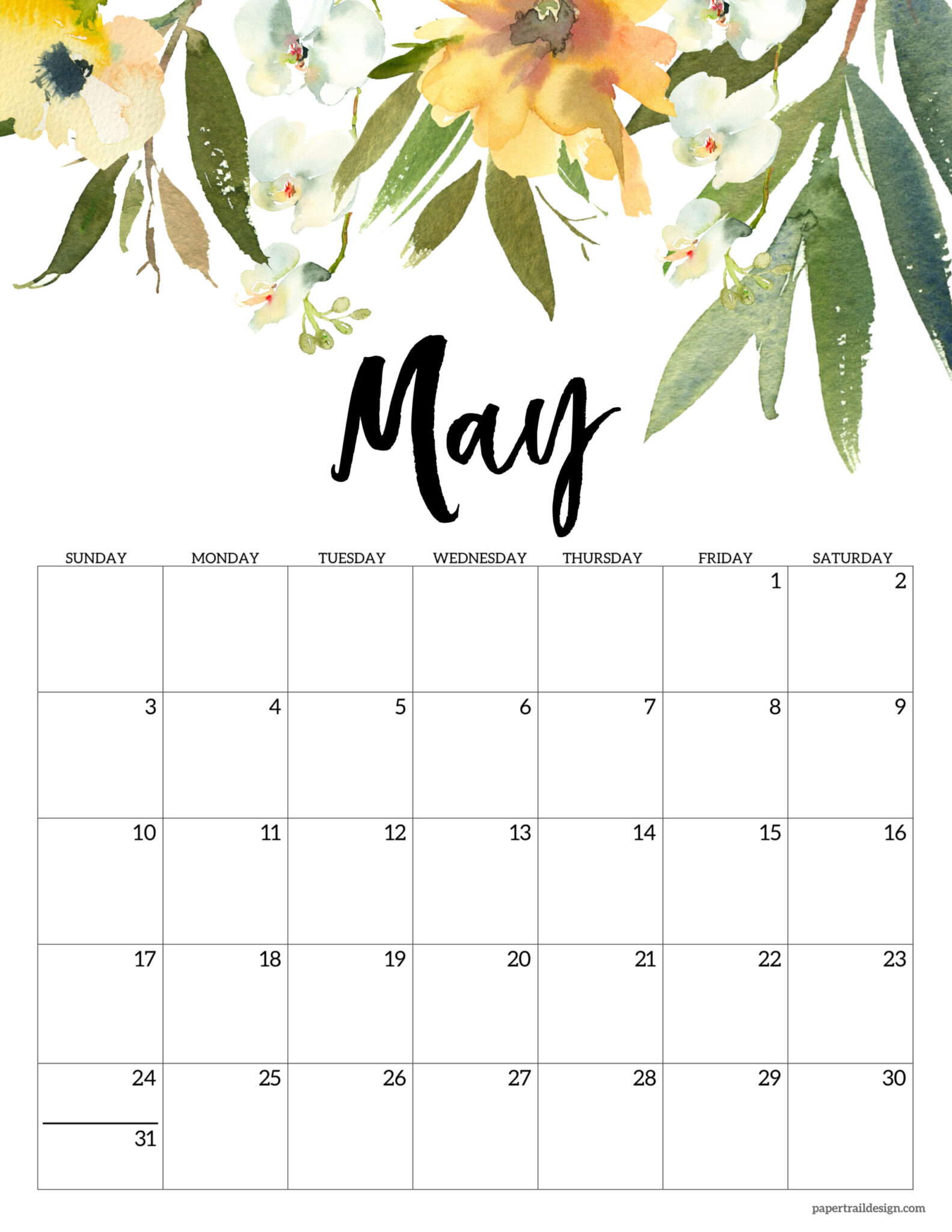 Free Printable Floral Calendar 2026 - Paper Trail Design