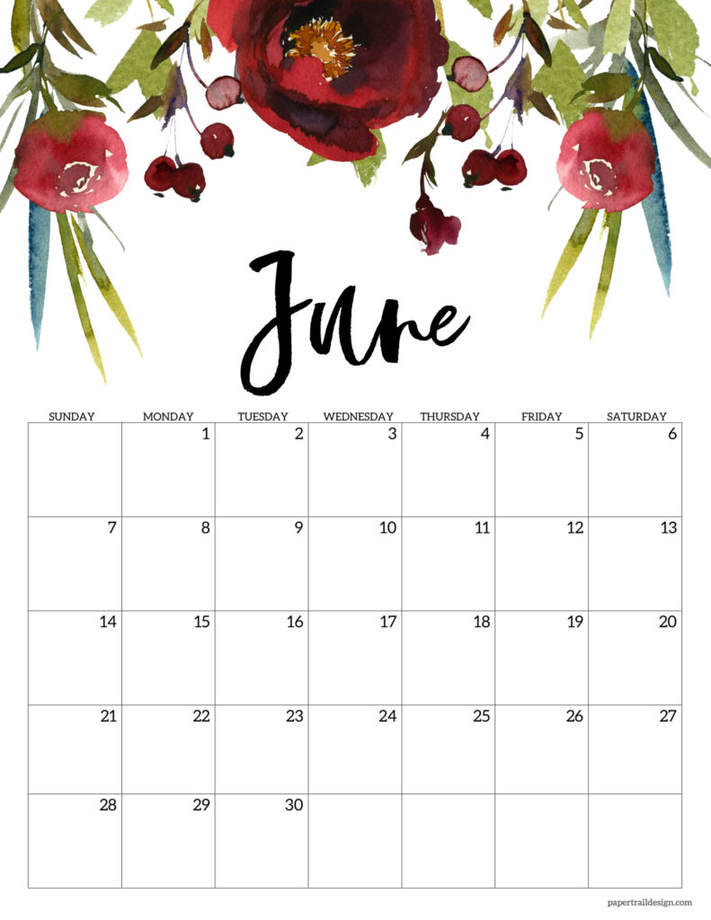 Free Printable Floral Calendar 2026 - Paper Trail Design