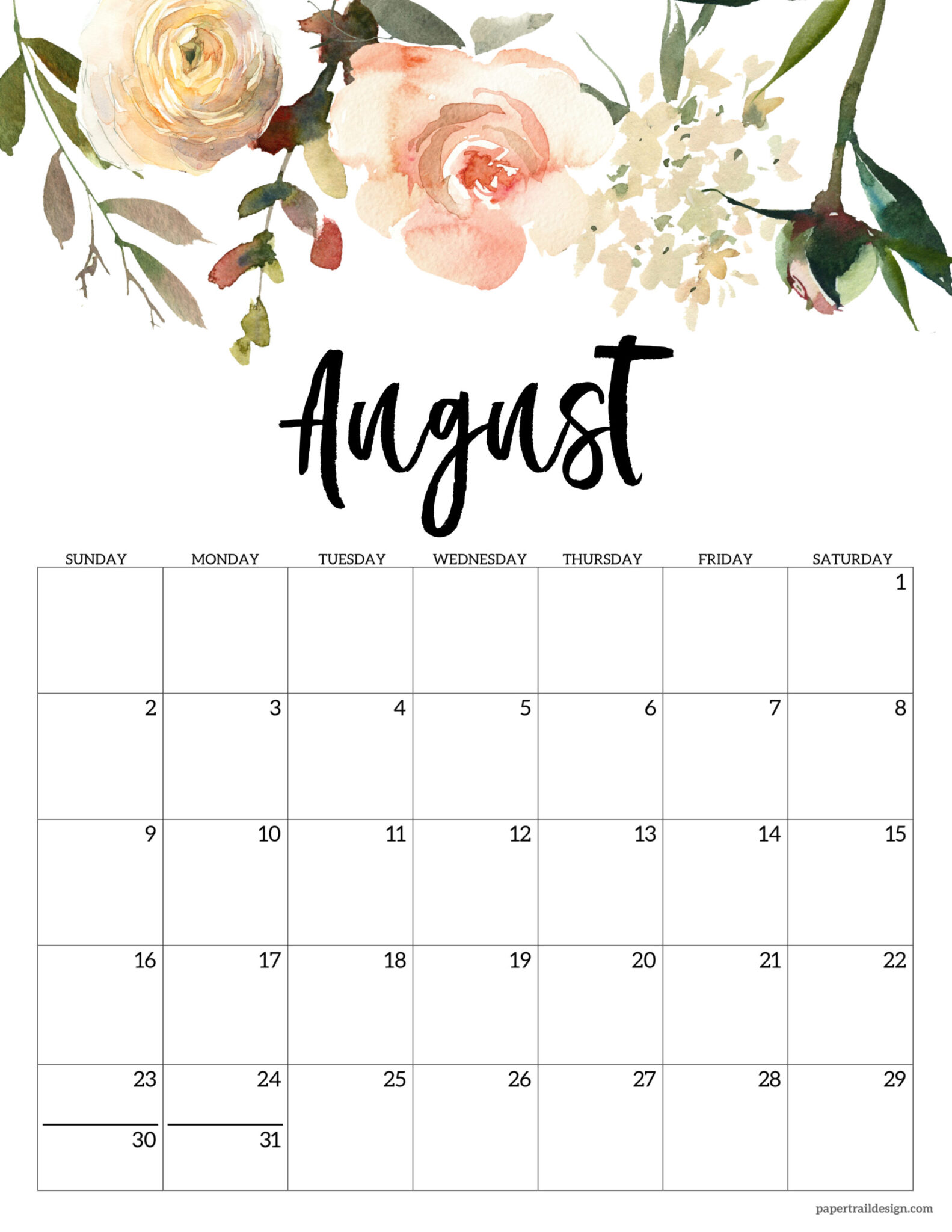 Free Printable Floral Calendar 2026 - Paper Trail Design