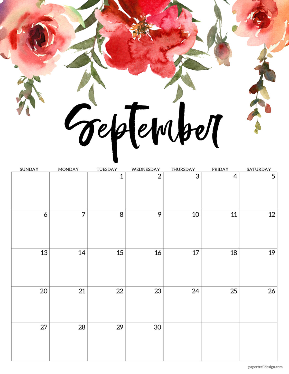 Free Printable Floral Calendar 2026 - Paper Trail Design
