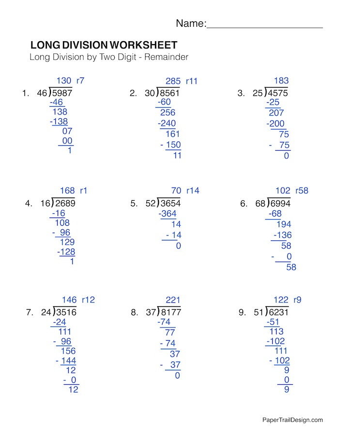 Long Division Worksheets - Paper Trail Design
