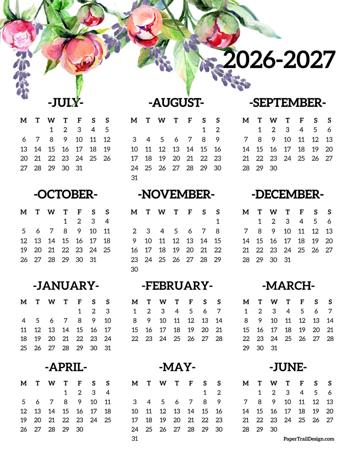 2026-2027 School Year Calendar Free Printable - Paper Trail Design