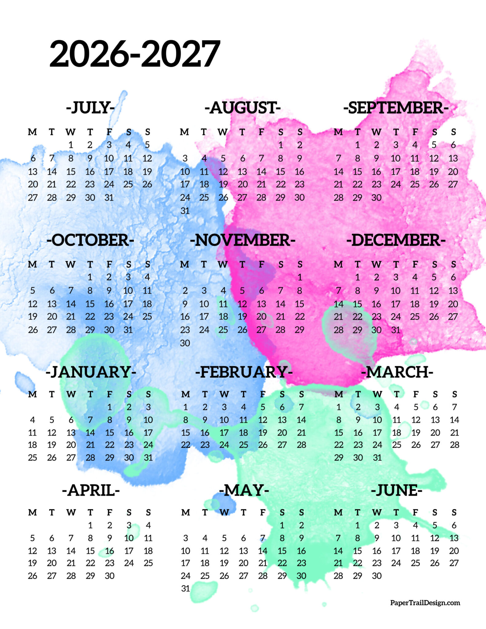 2026-2027 School Year Calendar Free Printable - Paper Trail Design