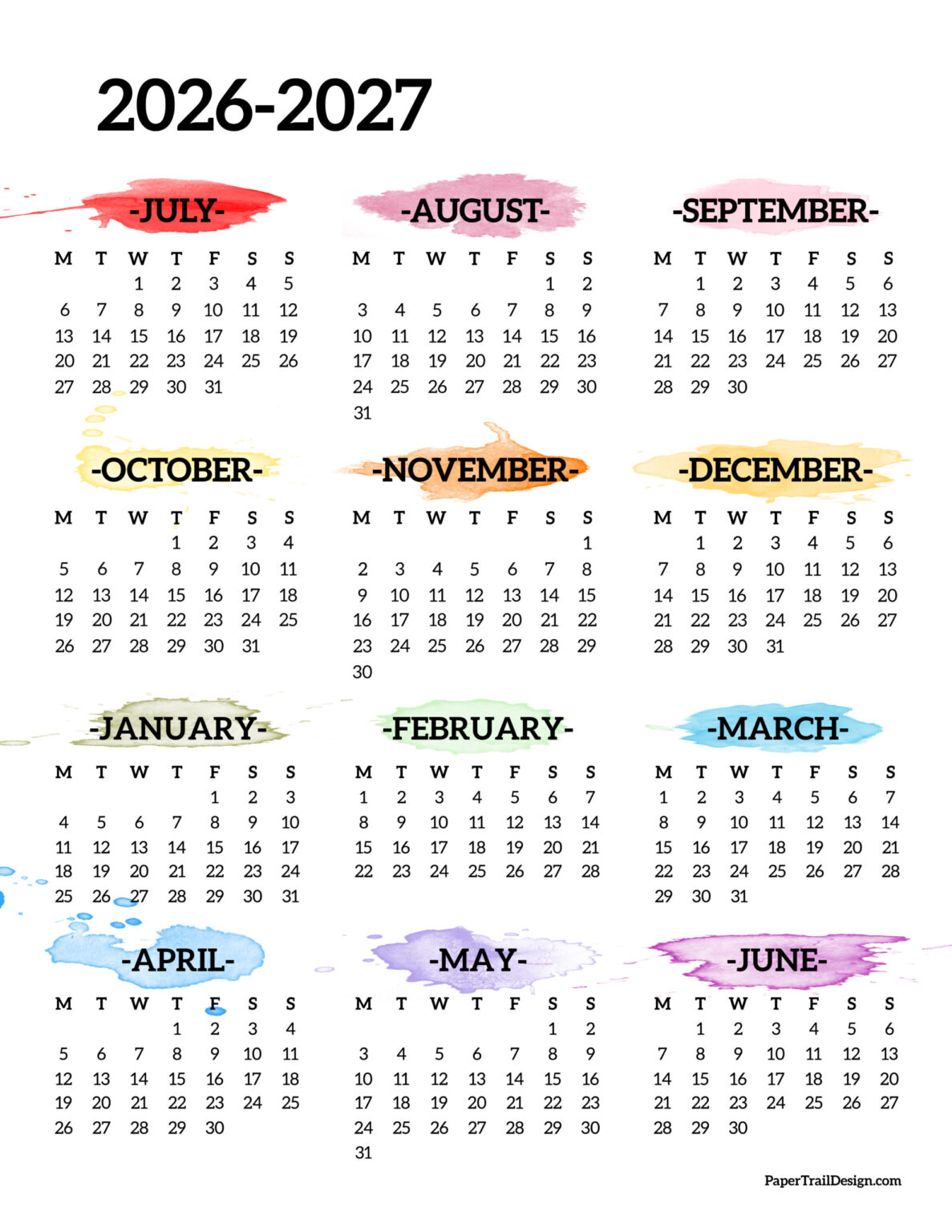 2026-2027 School Year Calendar Free Printable - Paper Trail Design