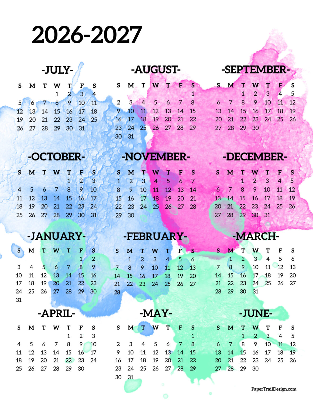 2026-2027 School Year Calendar Free Printable - Paper Trail Design