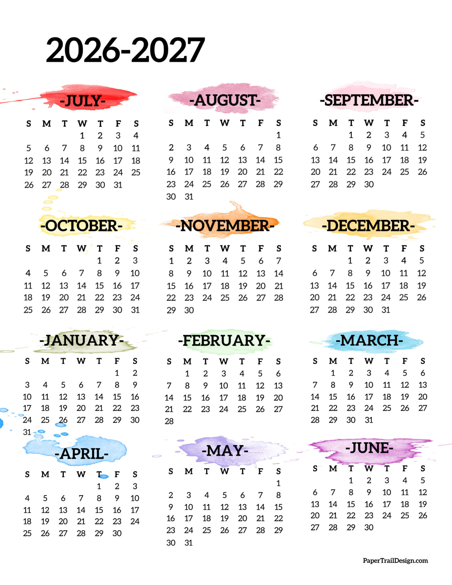 2026-2027 School Year Calendar Free Printable - Paper Trail Design