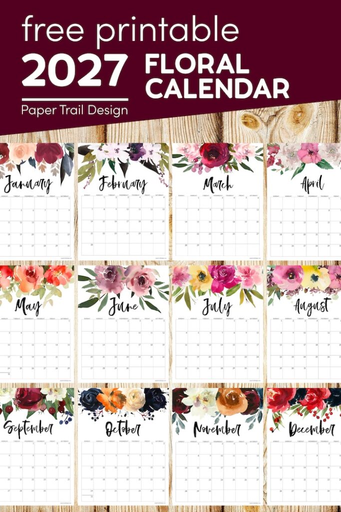 Floral Printable Monthly Calendar - 2027 - Paper Trail Design