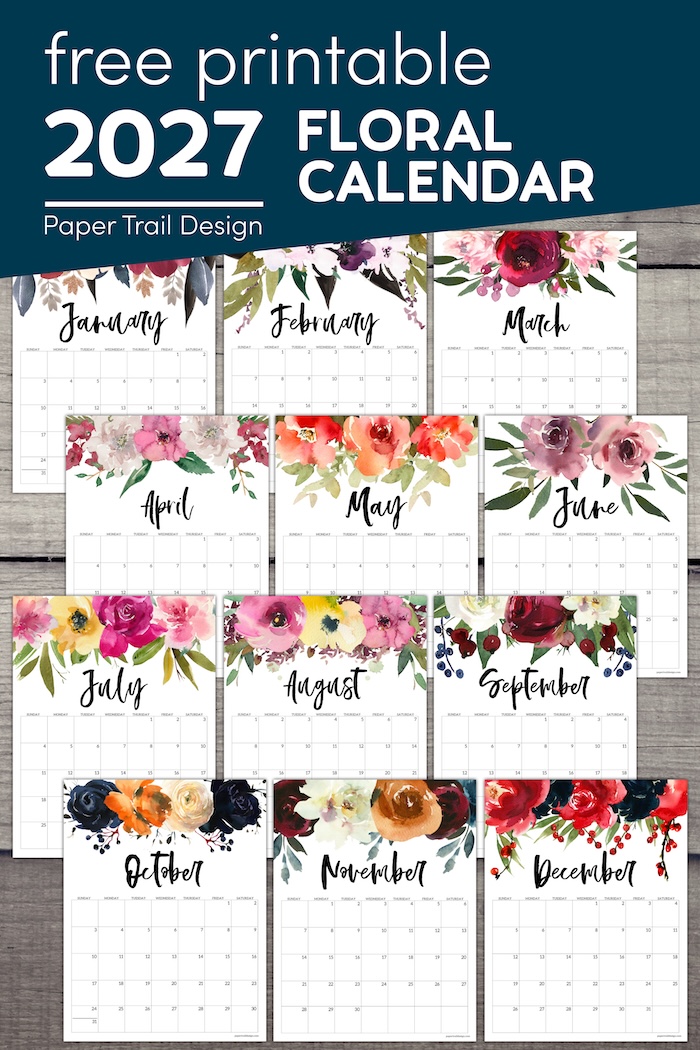 Floral Printable Monthly Calendar - 2027 - Paper Trail Design