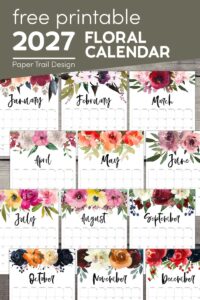 Floral Printable Monthly Calendar - 2027 - Paper Trail Design